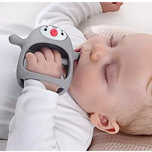 Wearable Soothing Teether, Penguin Buddy Silicone Baby Teething Toy for Infants, Baby Chew Toys for Sucking Needs, Hand Pacifier for Breast Feeding Babies, Car Seat Toy for New Born (Red)