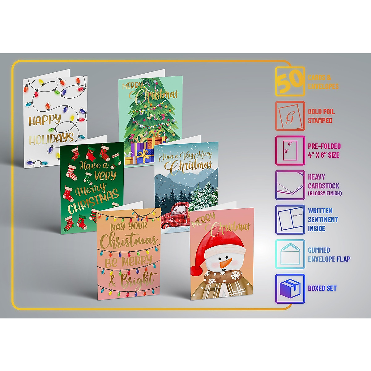Better Office Products 50 Pack Christmas Cards Set with Gold Foil Accents, 4" x 6", Fun & Festive Designs, Blank Inside, Boxed Set