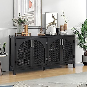 Large Storage Space Sideboard with 4 Artificial Rattan Door, Wooden Storage Cabinet with Metal Handles and Adjustable Shelves, Retro Console Table for Dining Room Living Room Entryway (Black)