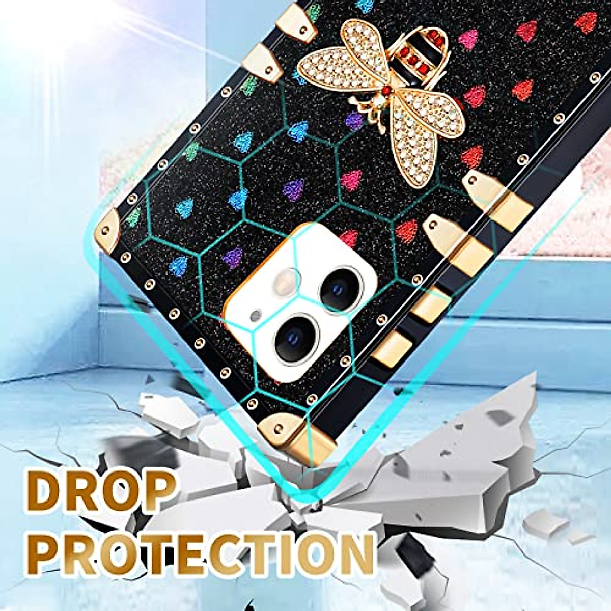 Loheckle for iPhone 11 Case for Women, Designer Square Cases for iPhone 11 with Ring Stand Holder and Lanyard, Cute Design Luxury Bees Squared Edges Cover for iPhone 11 6.1 Inch