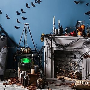 Sarkoyar Halloween Decor Outdoor,Witches Cauldron on Tripod with Green Light,Black Plastic Bowl Decor,Hocus Pocus Candy Bucket Decor for Home Patio Garden Lawn Outside Black