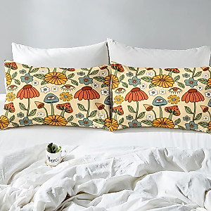 Retro Flowers Duvet Cover Set King Size,70s Floral Mushroom Comforter Cover with 2 Pillowcases,Art Hippie Plant Eye Print Modern Bedding Set for Adult Young Bedroom Xmas Gift