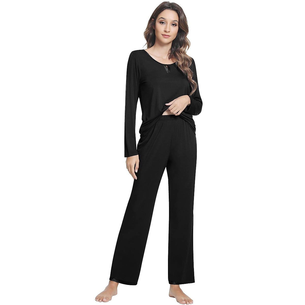 NACHILA Pajamas Set for Women Long Sleeve Pjs Soft Sleepwear Comfy Loungewear Sets with Pants, Viscose Made from Bamboo Black XX-Large