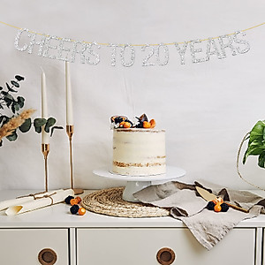 Cheers to 20 Years Banner - Happy 20th Birthday Party Bunting Sign - 20th Wedding Anniversary Decorations Supplies - Silver