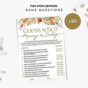 Printperie Pampas Grass Baby Shower Games for 50 Guests, 6 Games Double-Sided Cards, Boho Gender Neutral for Boys or Girls