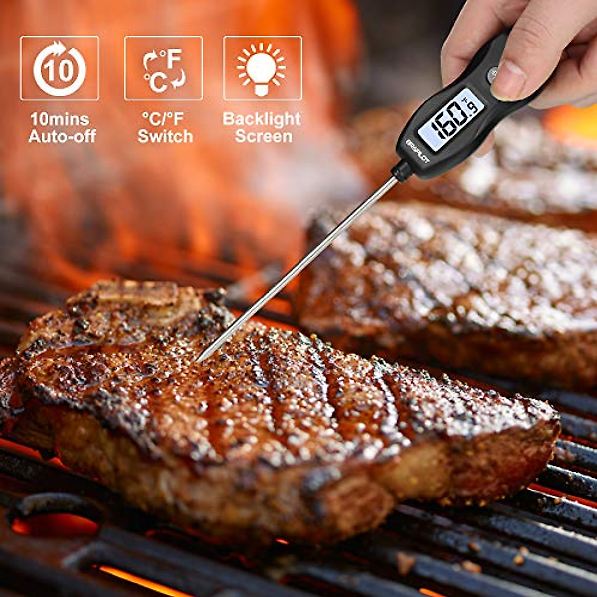 BRAPILOT Digital Food Meat Candy Thermometer - FT200 Instant Read Probe Thermometer Backlit Auto Off Waterproof for Cooking BBQ Kitchen Grill Milk (Black Color)