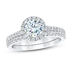 1-3/8 Carat Halo Bridal Set Moissanite Engagement Rings for Women Platinum Plated Silver Round Moissanite Rings -10.5