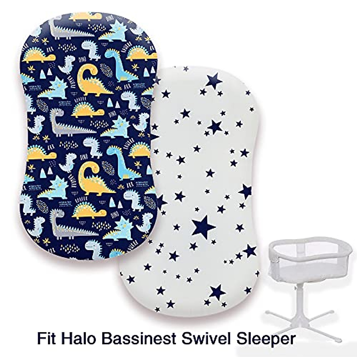 AMROSE Premium Cotton Bassinet Sheets, Fit for Halo Bassinest Swivel Sleeper, 2 Pack Hourglass Bassinet Mattress Sheet Set for Baby Boys, Soft Breathable Safe, Dinosaur & Stars