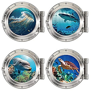 4 Pcs Cruise Door Decorations Magnetic Porthole Cruise Door Magnets 10 Inch Set Palm Jellyfish Dolphin Turtle Shark Marine Style Magnetic Fridge Decor for Carnival Cruise Car Home Kitchen Door Cabinet