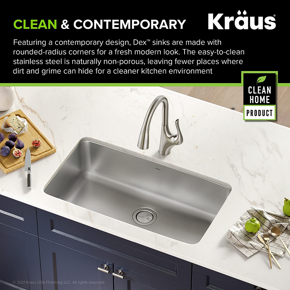 KRAUS Dex 33-inch Undermount 16 Gauge Stainless Steel Single Bowl Kitchen Sink, KA1US33B