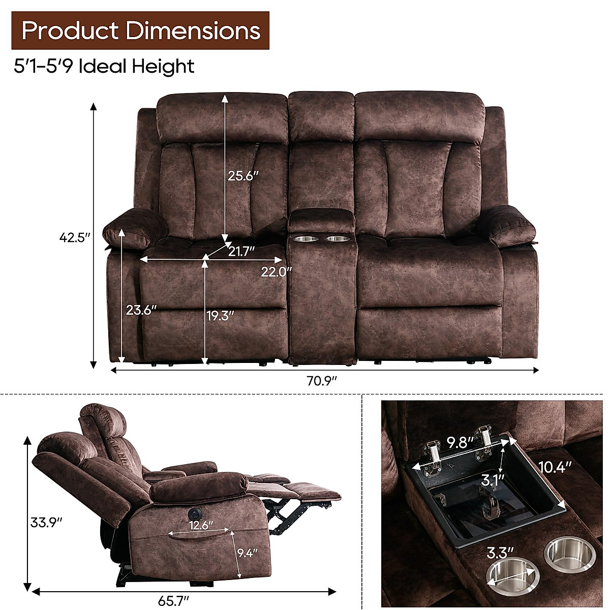 GUEAPY Fabric Reclining Loveseat, Power Reclining Loveseat with Console, Double Recliner Loveseat with Heat and Massage, Cup Holders, USB & Type-C Charge Ports for Living Room (Brown)