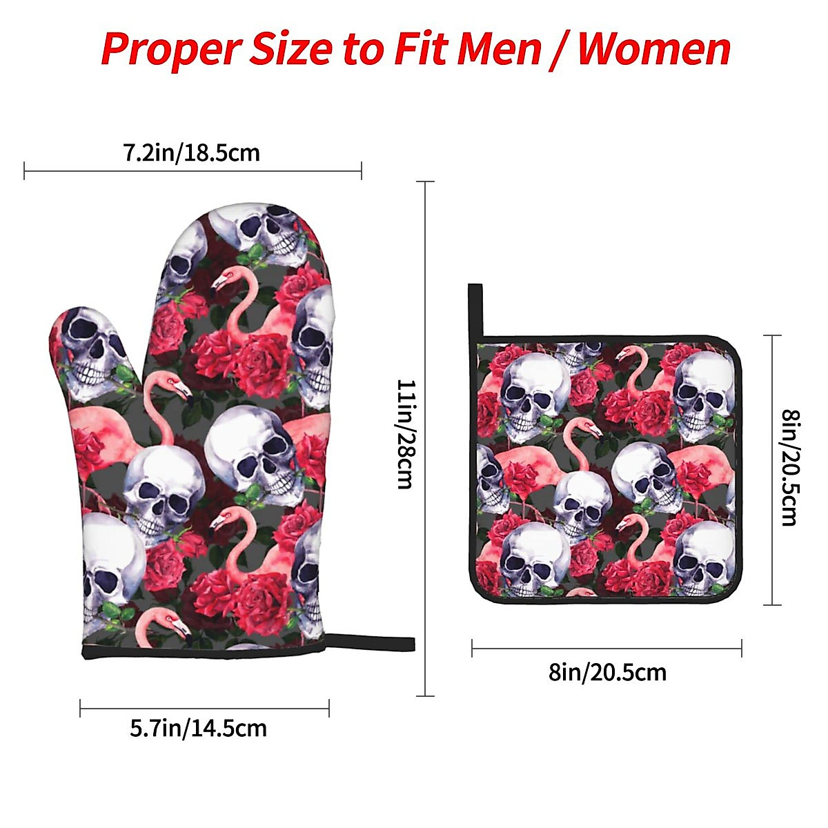 LAKIMCT Flamingo Red Rose Skull Oven Mitts and Pot Holders Sets Non-Slip Potholders Heat Resistant Oven Gloves for Kitchen Baking Cooking BBQ, 4-Piece Set