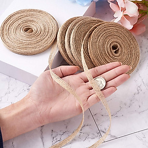 Pandahall 5 Rolls Natural Burlap Fabric Ribbon 1/4 inches Tan Jute Linen Ribbon Rolls for Party Decoration, DIY Crafts