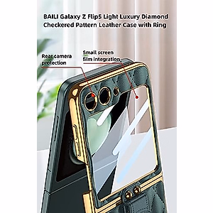 BAILI Galaxy Z Flip5 Leather Case,Galaxy Z Flip 5 Case with Ring and Built-in Small Screen Protective Film,Light Luxury Diamond Checkered Pattern Samsung Galaxy Z Flip5 Leather Case-Red