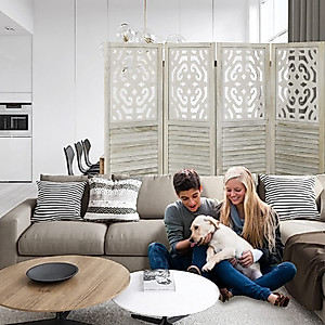 ECOMEX 4 Panel Carved Room Divider 5.6Ft Wood Folding Screens Room Dividers Screen for Bedroom Office Restaurant, Rustic White