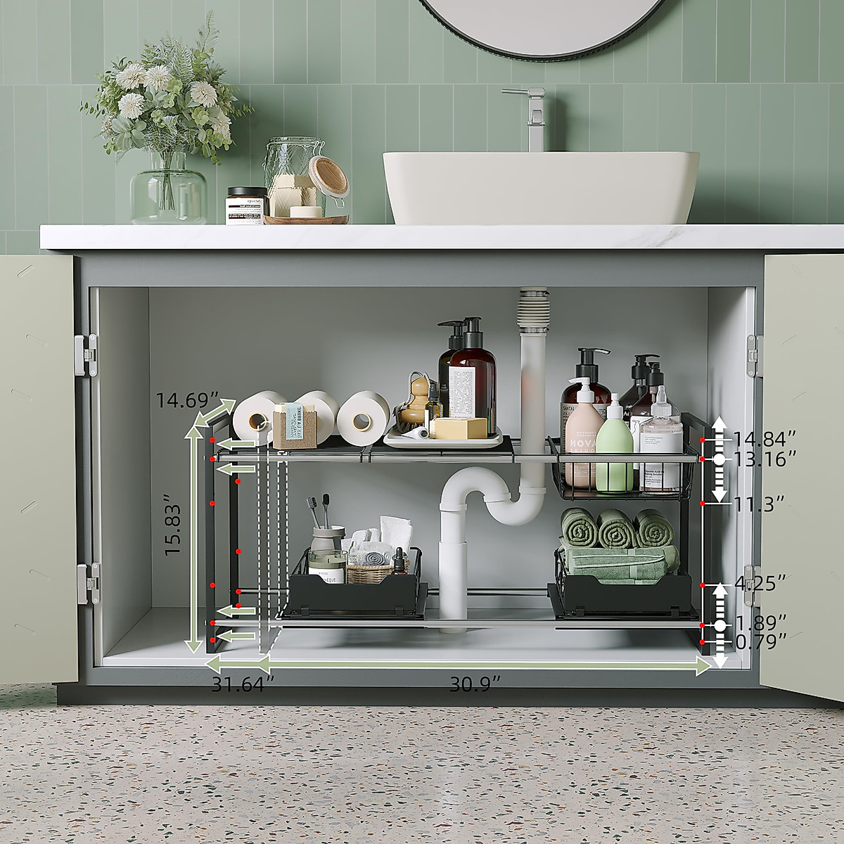 NETEL Under Sink Organizer, Expandable Cabinet Shelf Organizer 2 Tier Under Bathroom Storage Rack with Removable Panels,Multi-Use for Under Kitchen Bathroom Sink Organizers and Storage