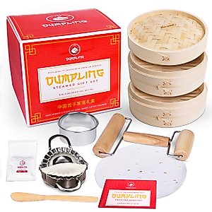 Dumpling Maker, Soup Dumpling Kit w/Dumpling Mold! Kitchen Gadget, Bamboo Steamer Basket, Dumpling Cutter, Agar, Roller, Recipes. Unique Gifts. Make Your Own Dumplings, Dim Sum, Chinese Steamer