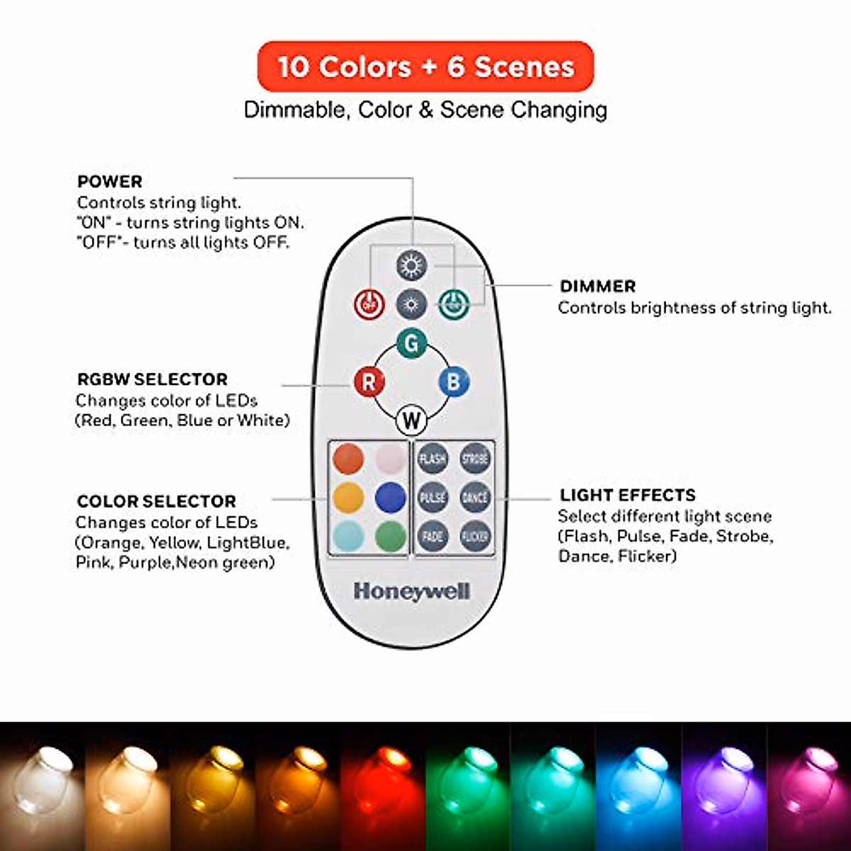 Honeywell 24FT Linkable Water Resistant LED Indoor Outdoor Color Changing String Light with Remote Control, Commercial Grade Patio Lights with 8 Plastic E26 Bulbs Create Cafe Ambience in Your Backyard