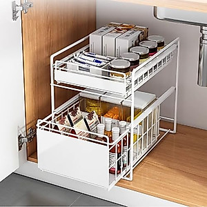 Under Sink Organizers And Storage, Metal Under Sink Organizer Sliding Under Sink Organizer 2 Tier Pull Out Cabinet Organizer (Color : White, Size : 22x40x39cm)