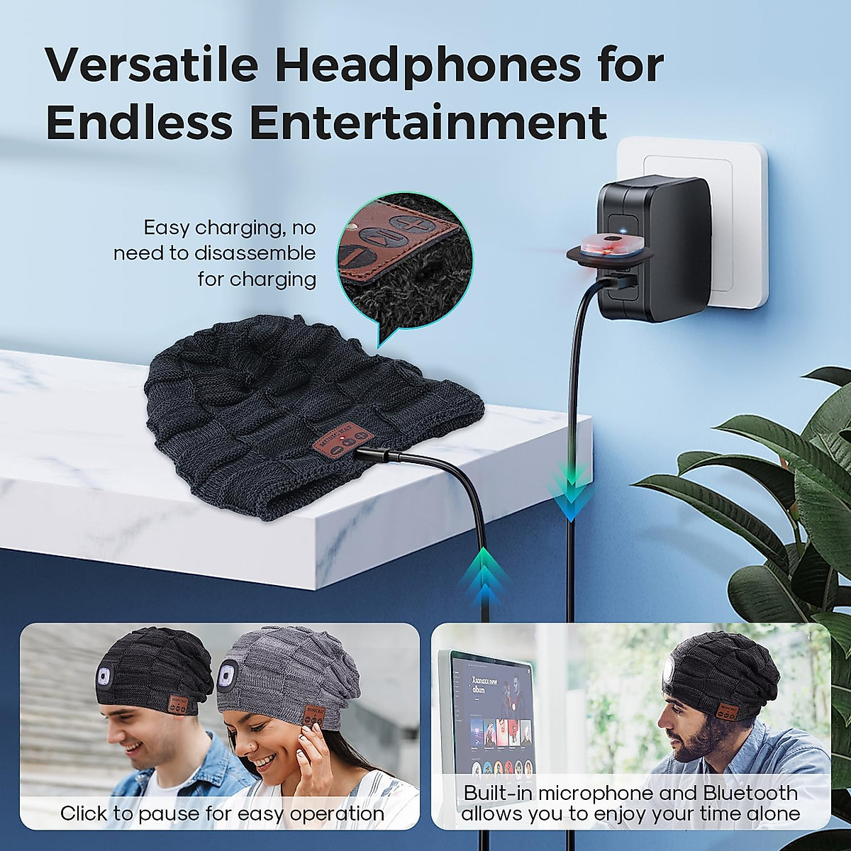 Bluetooth Beanie with Light for Men, Beanie with Light Unisex USB Rechargeable Hands-Free 4 LED, Headlamp Cap with Wireless Headphones Built-in Speaker Mic Gifts for Men Dad Teen (Black)