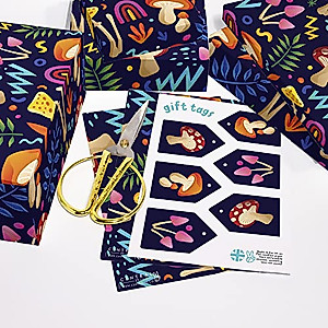 Mushroom Wrapping Paper - For Men And Women - 6 Sheets Thick Gift Wrap - Black Colorful Psychedelic - For Birthday Halloween Christmas - Comes With Fun Stickers - By Central 23