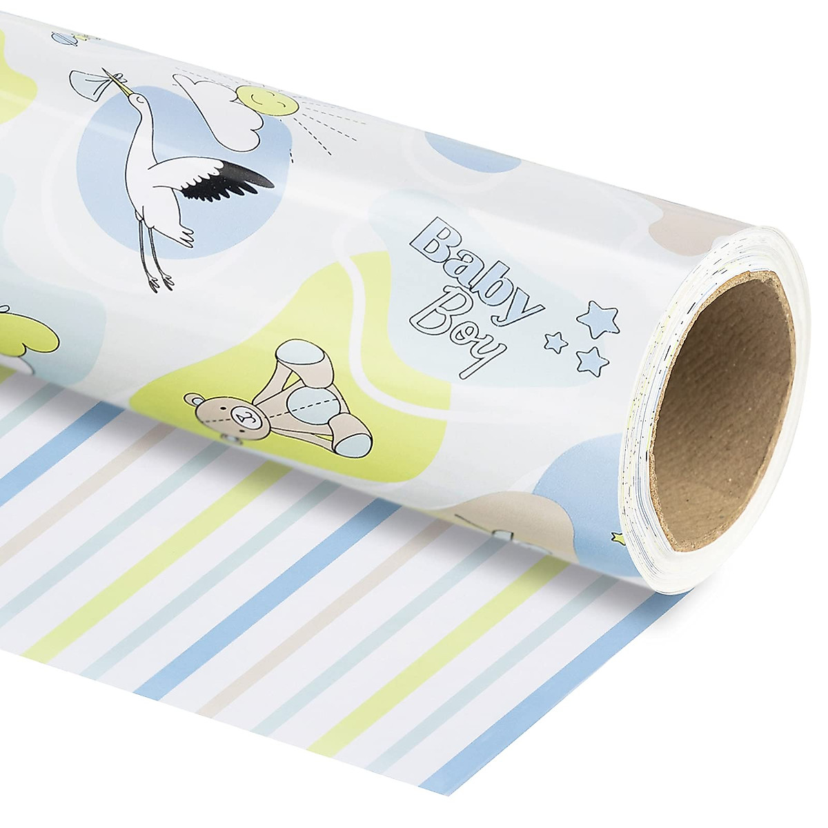 WRAPAHOLIC Reversible Wrapping Paper - 24 inch X 65.6 feet Jumbo Roll Baby Boy Design, Perfect for Kids Birthday, Party, Holiday, Baby Shower Packing