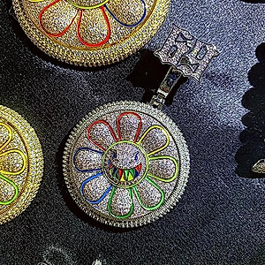 ICEDIAMOND 14K Full CZ Diamond Spin-Up Daisy Painted Rotating Pendant Crazy Chain Necklace, Gold Plated Iced Out Bling Zirconia Hip Hop Charm Jewelry for Men Women (White-Large)