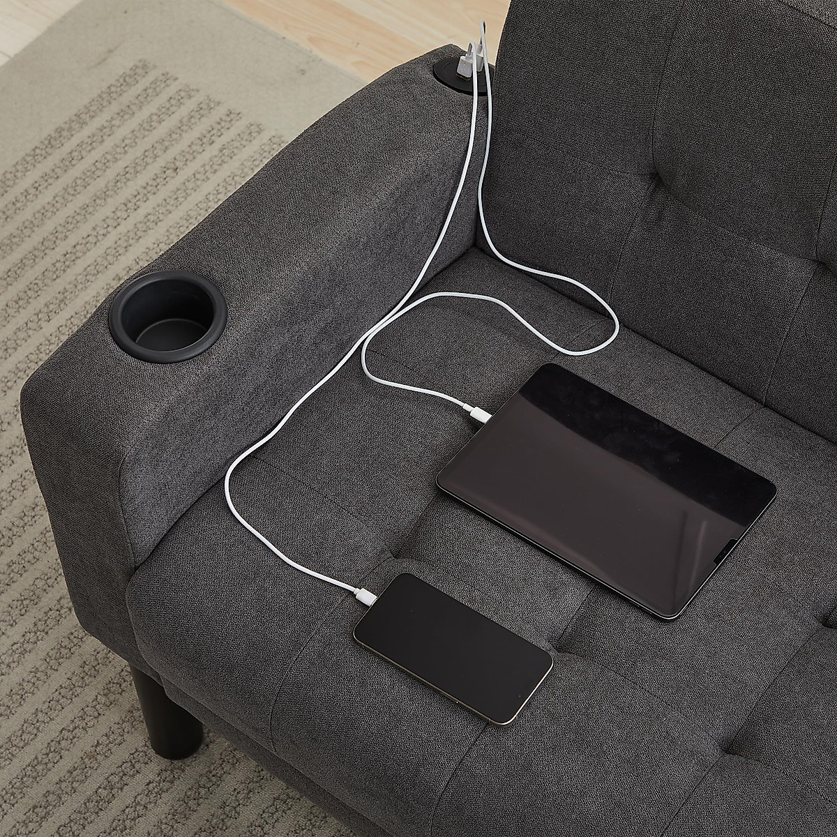 TYBOATLE 62 Inch Linen Upholstered Tufted Mid-Century Modern Loveseat Sofa w/ 2 USB Charger Ports and 2 Cupholders, Small Love Seat Couches for Living Room, Bedroom, Apartment, Dorm (Dark Grey)