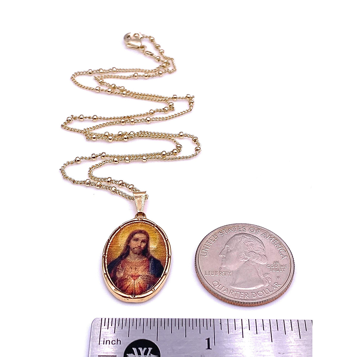 LESLIE BOULES Sacred Heart of Jesus Pendant Necklace for Women 18K Gold Plated Chain Religious Jewelry