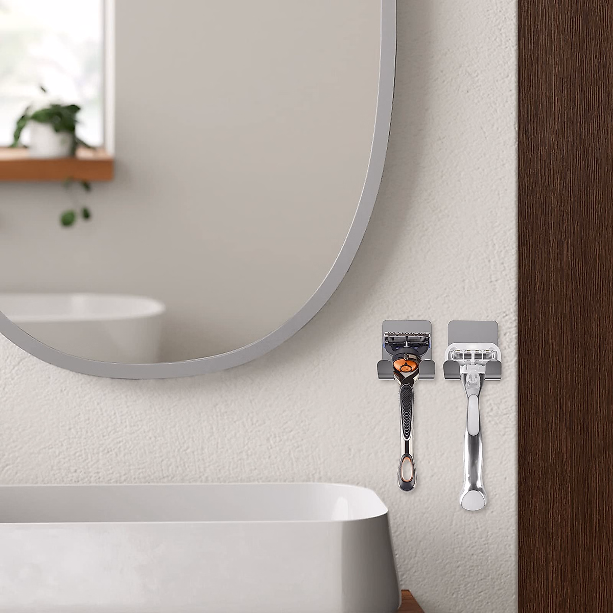 Linkidea 2 Pack Wall Mount Razor Holder for Shower, Self Adhesive Shaver Hooks, Stainless Steel Sticky Hanger Compatible Gillette with Venus Platinum, Fusion 5 Proshield, Mach 3 Classic (Silver)