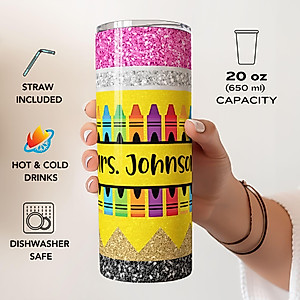 Fleur&Bay Teacher Appreciation Gifts for Women - Personalized Teacher Tumbler With Straw - Daycare Preschool Back to School Gifts Ideas - Customized Cup With Name - Glitter Pencil Tumbler 20 oz
