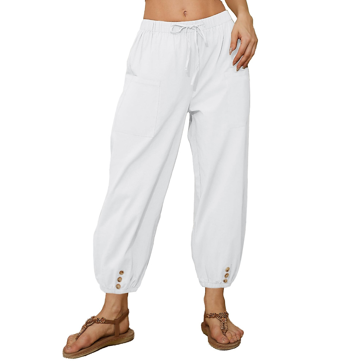 Women Capri Pants Casual Baggy Drawstring Elastic High Waist Wide Leg Cropped Pants Trousers with Pockets Summer White