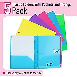 Mr. Pen- Folders with Pockets and Prong, 5 Pack, Plastic, Pocket Folders, Folders with Prongs, File Folders with Fasteners, 2 Pocket Folder, Folder with Pockets, Two Pocket Folder, 3 Prong Folders.