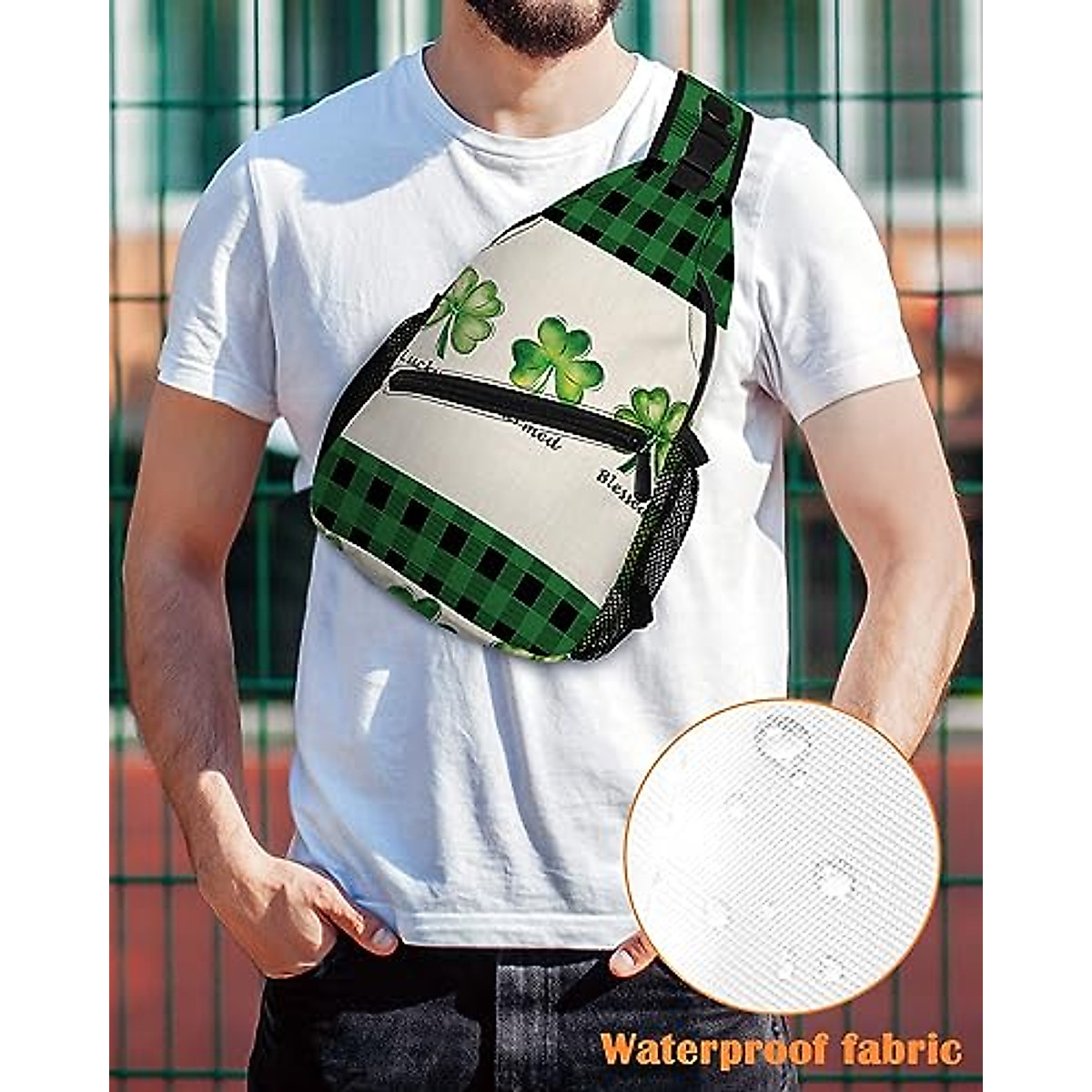 Sling Backpack, St. Patrick's Day Lucky Shamrock Black and Green Buffalo Plaid Waterproof Lightweight Small Sling Bag, Travel Chest Bag Crossbody Shoulder Bag Hiking Daypack for Women Men