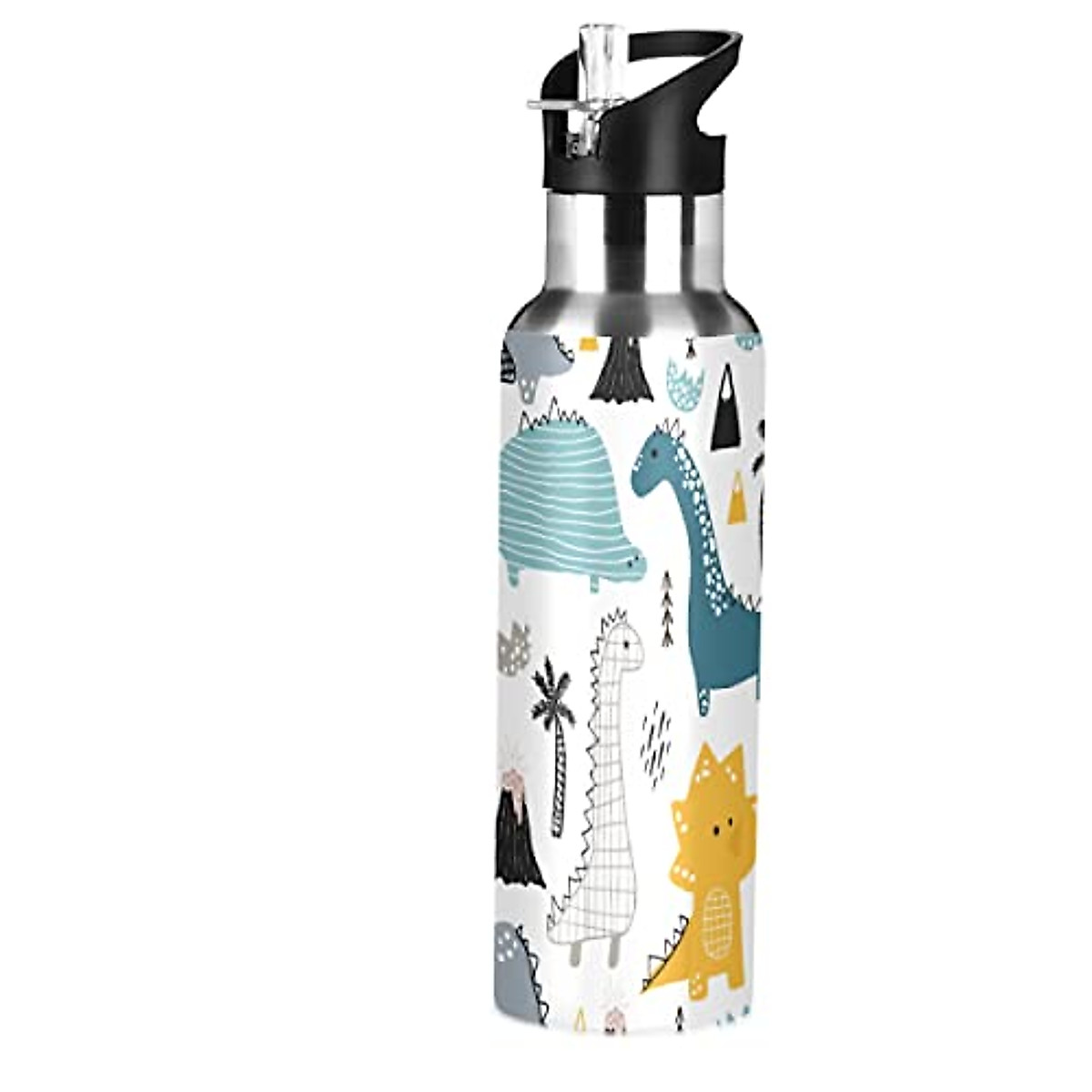 OREZI Dino Scandinavian Style Water Bottle Thermos with Straw Lid for Boys Girls,600 ml,Leakproof Stainless-Steel Sports Bottle for Women Men Teenage