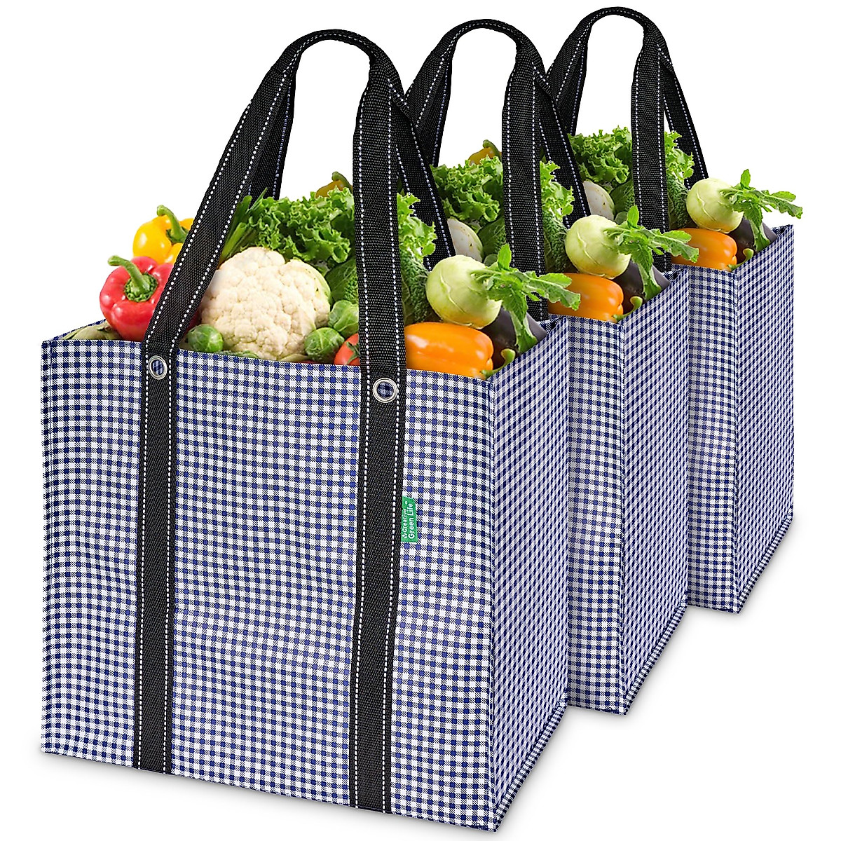 Heavy Duty Reusable Grocery Bags, Foldable Grocery Reusable Bags, 3-Pack Multipurpose Grocery Tote Bags, X-Large Reusable Grocery Bags with Handles & Hard Bottom (10 Gallons, Blue)