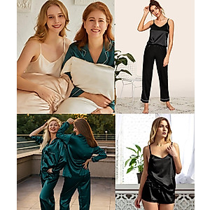 SWOMOG Pj Satin Long Sleeve Set 4pcs Womens Pajamas Silk Sleepwear Button Down Nightwear Sexy Cami Shorts Loungewear