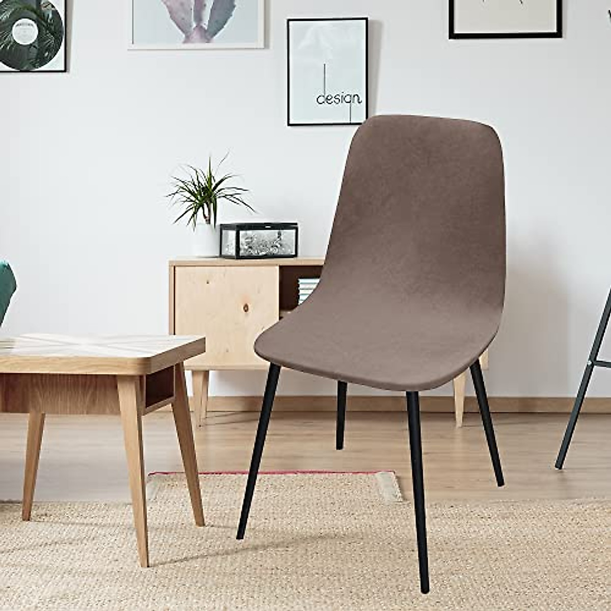 LIPOR Set of 4 Stretch Velvet Taupe Shell Chair Cover Mid Century Modern Dining Room Chair Slipcover Armless Accent Chair Cover Chair Protector Cover for Home Living Room Kitchen Office (Taupe, 4PCS)