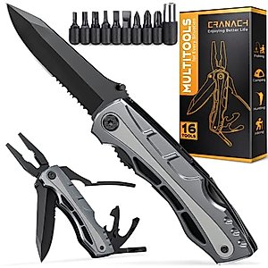 Camping Accessories Multitool Gifts for Men - 16-in-1 Multi Tool Camping Knife Christmas Stocking Stuffers Survival Kit with Pouch Pocket Knife Pliers, Safety Lock, EDC Cool Utility Gadget Women Gifts
