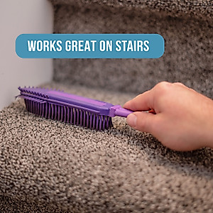 Don Aslett's Rubber Broom (12") and Hand Brush (10") Set | 59-inch Steel Pole | Multipurpose Synthetic Rubber Bristles Cleans Pet Cat or Dog Hair, Liquid Spills on Concrete & Hardwood Surface (Purple)