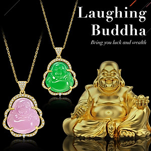 MTLEE Smiling Buddha Necklace, 2 Pieces Jade Pendant for Women & Men, Unisex 18.9inches Chain Necklace, Green & Pink (Crystal Alloy)