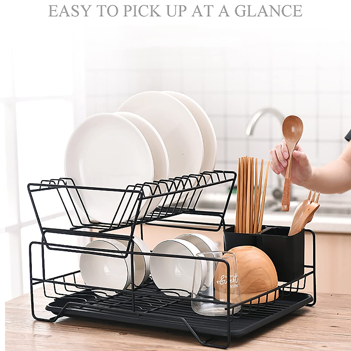 Lanrinwon Black Dish Drying Rack,2 Tier Stainless Steel Chrome Dish Racks for Kitchen Counter Sink Large Dish Drainer with Removable Black Drainboard