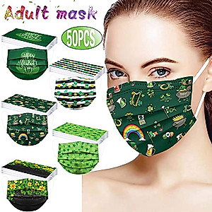 50PC St Patricks Day Disposable Face Mask for Adults Women Protection Breathable with Cute Shamrock Gnome Designs Mask (Green 13)