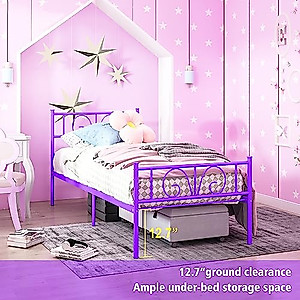 GIME Purple Metal Platform Bed Frame Twin Bed Frames with headboard for Ki‘ds