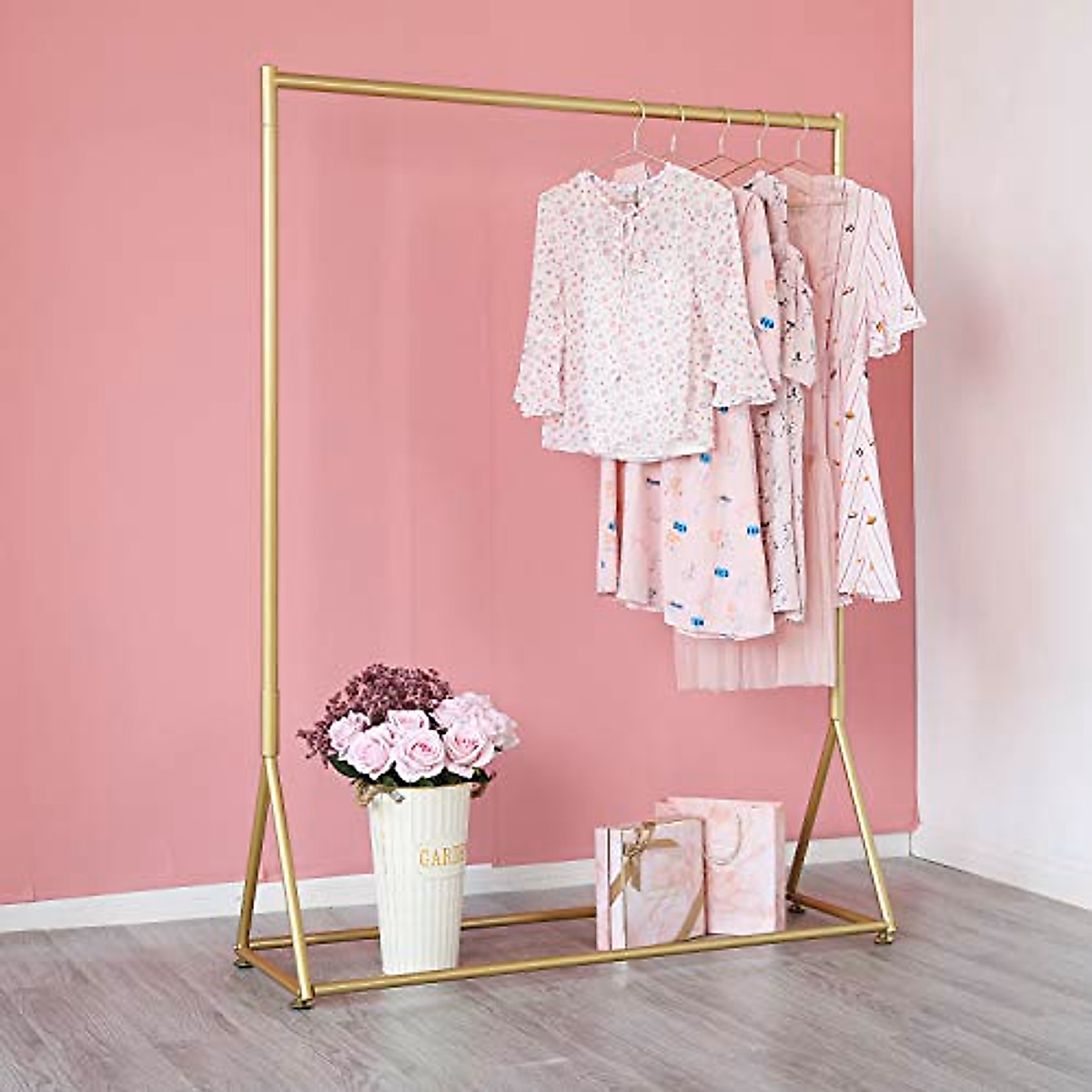 IronFashion Gold Clothing Rack, Boutique Display Clothes Rack with Wheels, Modern Garment Rack for Retail Use (47.24" L)