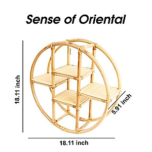 T'Furni Rattan Round and Square Striped Wall Shelf for Living Room Kitchen Wall Decor - Natural Rattan Floating Shelves - Natural Hanging Book - Wall Shelves with Storage