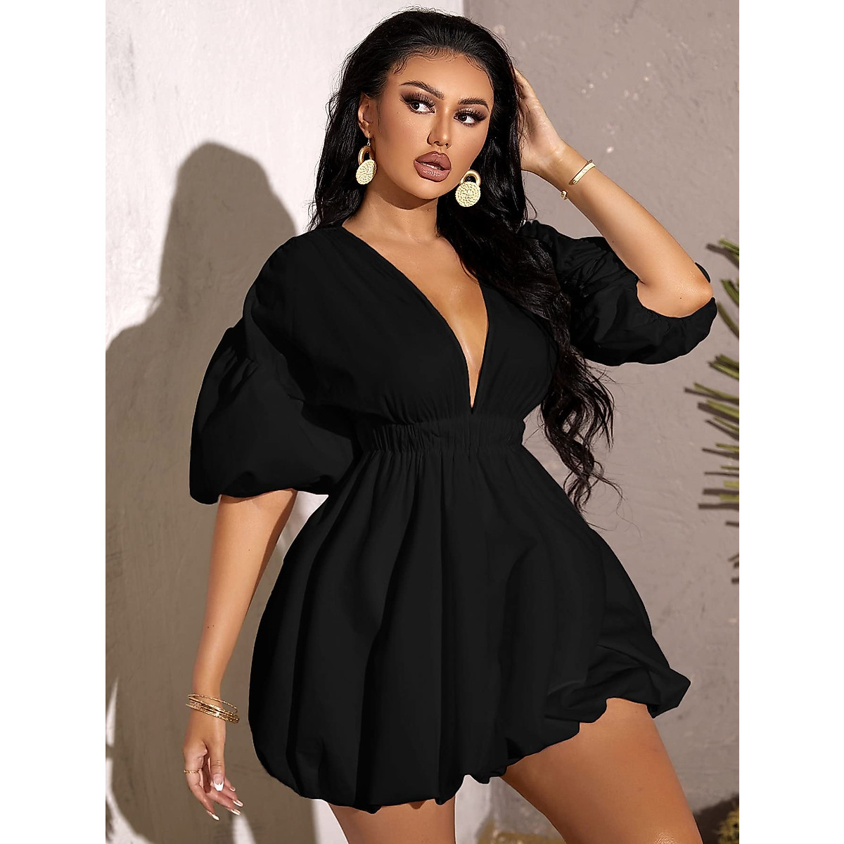 WDIRARA Women's Deep V Neck Puff Sleeve High Rise Flare Dress Elastic Waist Dress Black S