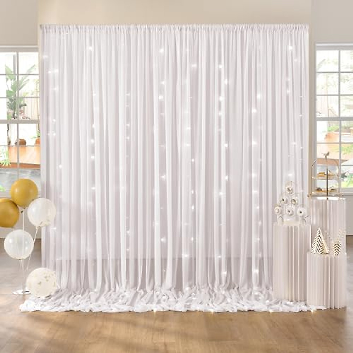 20x10ft White Sheer Backdrop Curtains with Lights for Parties, Wrinkle Resistant Backdrop Curtain for Baby Shower Birthday Wedding Photo, 4 Pack 5x10FT Curtains