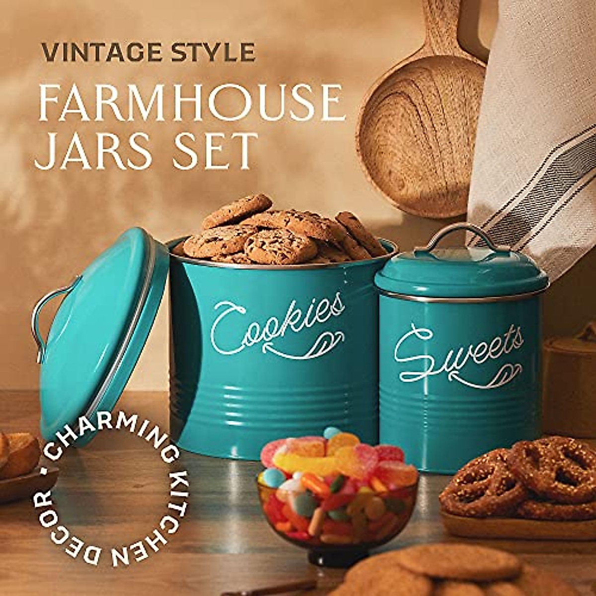 Candy Jar & Cookie Jar for Kitchen counter | Farmhouse Kitchen Jars for Storage of Your Favorite Treats | Large & Medium Canisters Set of Two Cookie & Candy Jars with Lids | Airtight Jar by Nirgals (Teal)