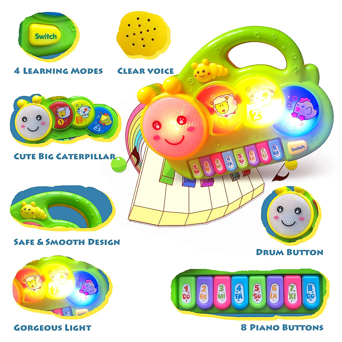 AMINFUN Baby Piano Drum 6-12 Months Toy, Caterpillar Piano Keyboard Drum Light Up Sound Musical Toy, Learning Educational Interactive Infant Toddler 12-24 Months Gift
